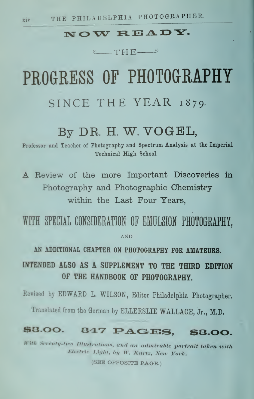 Description: Ad for the Hermann Wilhelm Vogel book on the Progress of ...